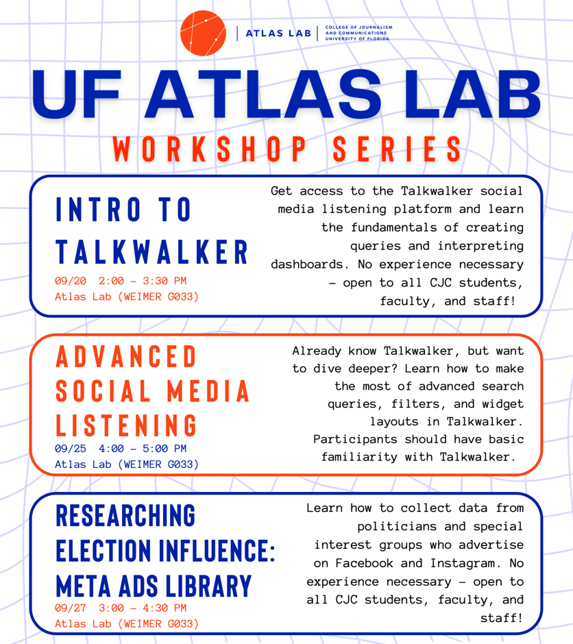 Upcoming Atlas Lab Workshop Series - UF College of Journalism and Communications